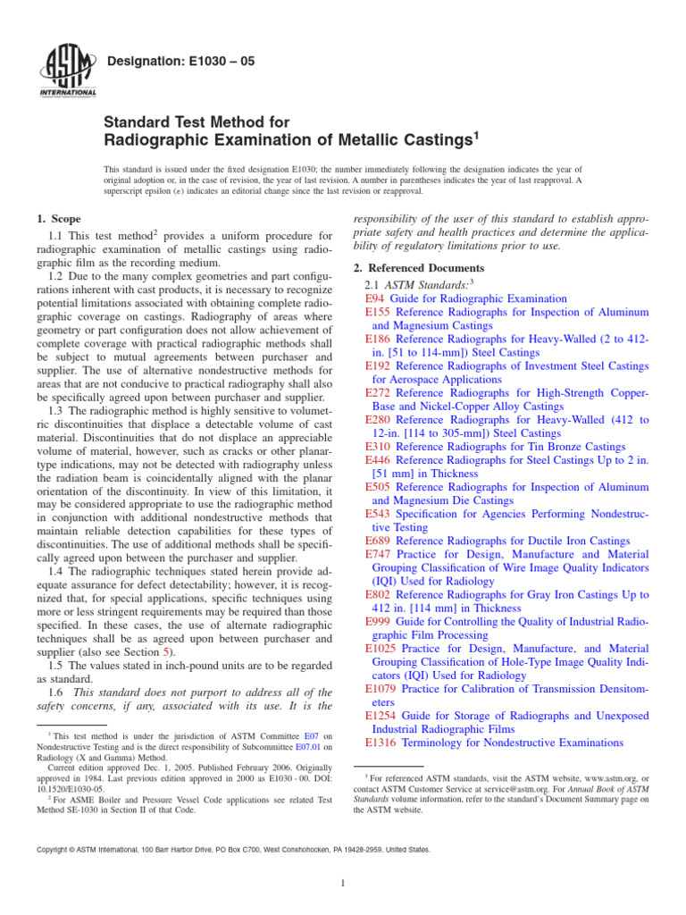 ASTM E1030 | PDF | Nondestructive Testing | Radiography