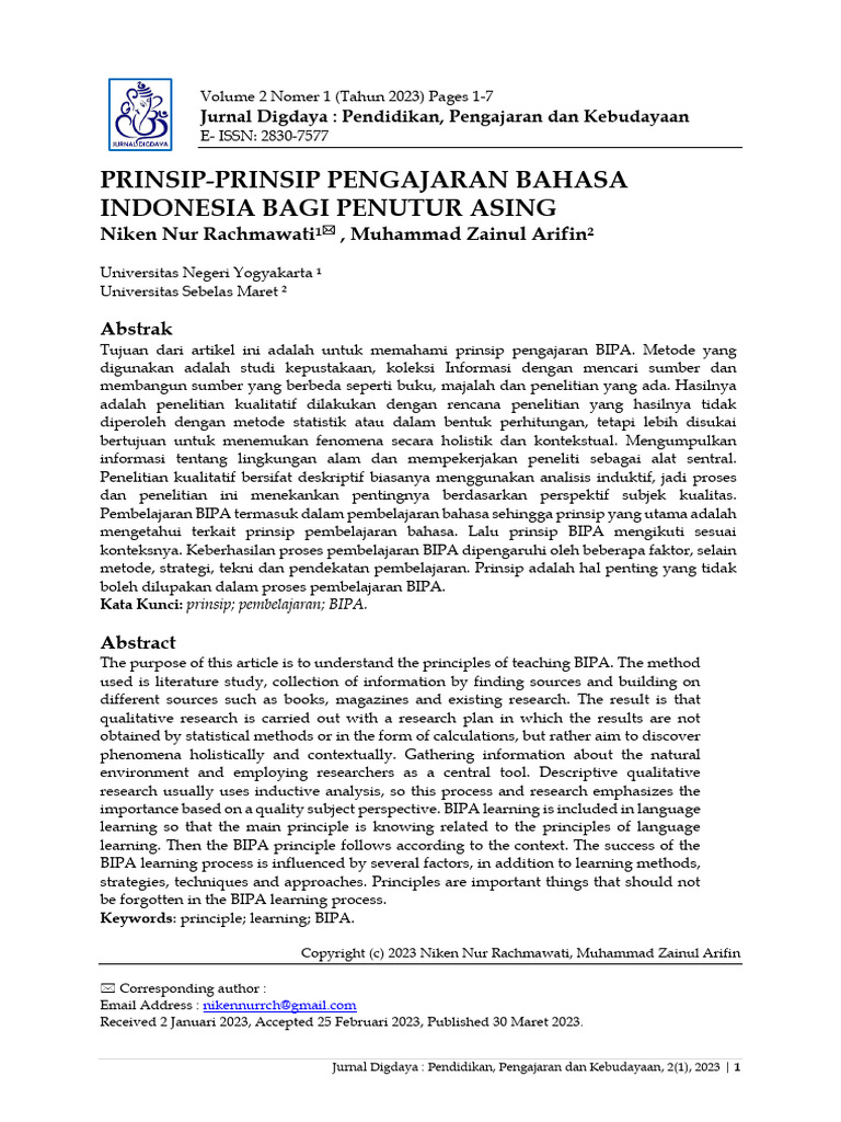 Prinsip-Prinsip Pengajaran Bahasa Indonesia Bagi Penutur Asing | PDF
