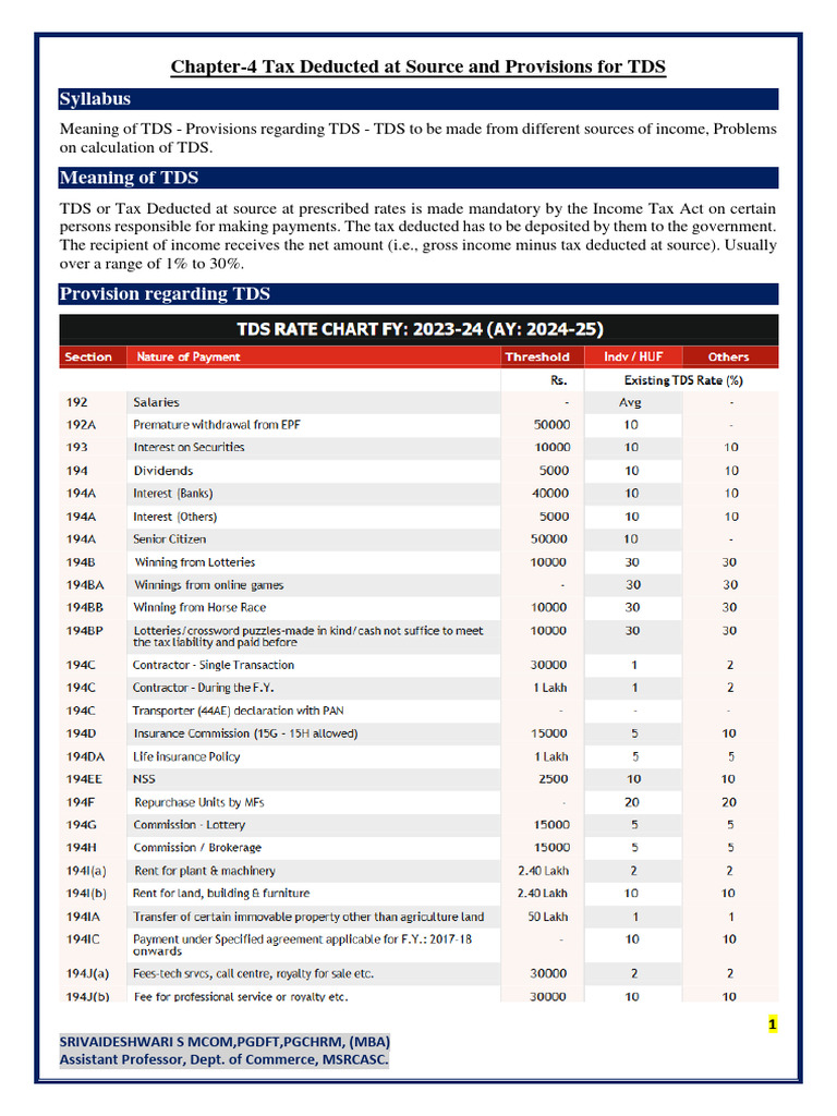 Chapter - 4 TDS Notes | Download Free PDF | Taxes | Government Finances
