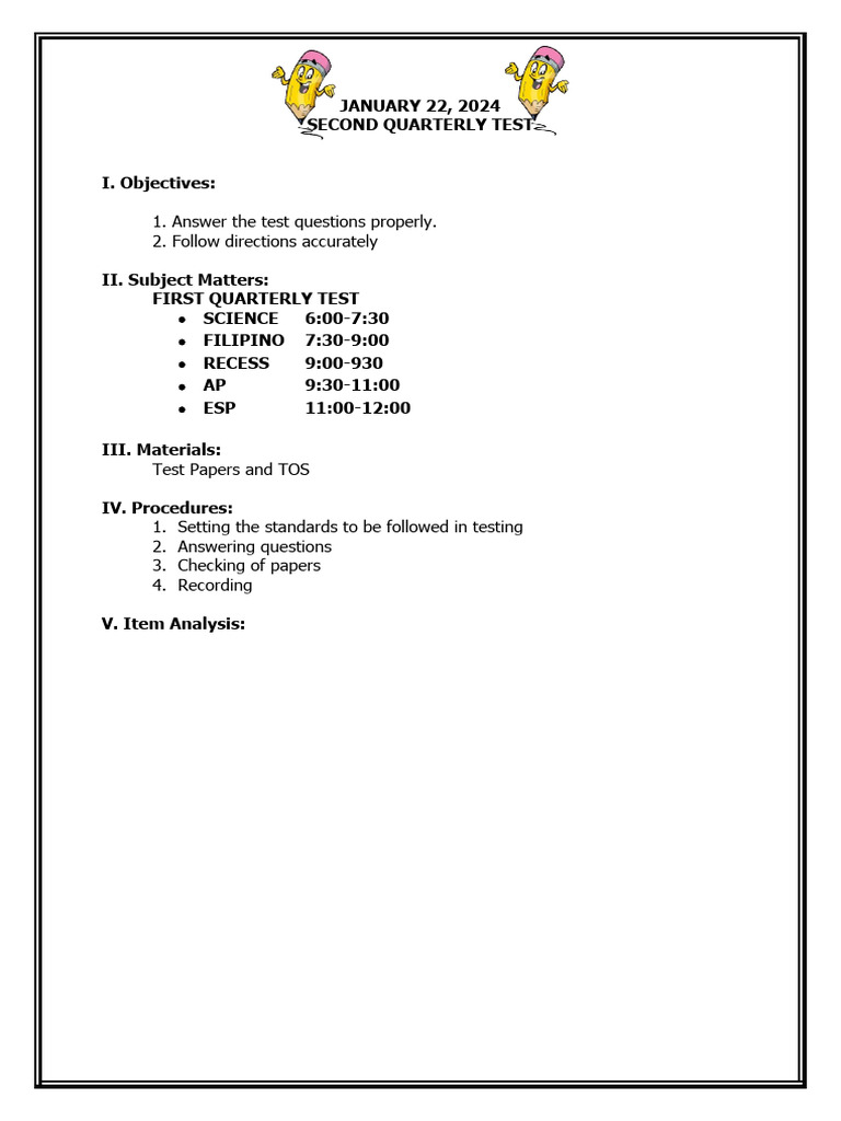 Quarterly Test Schedule and Guidelines | PDF