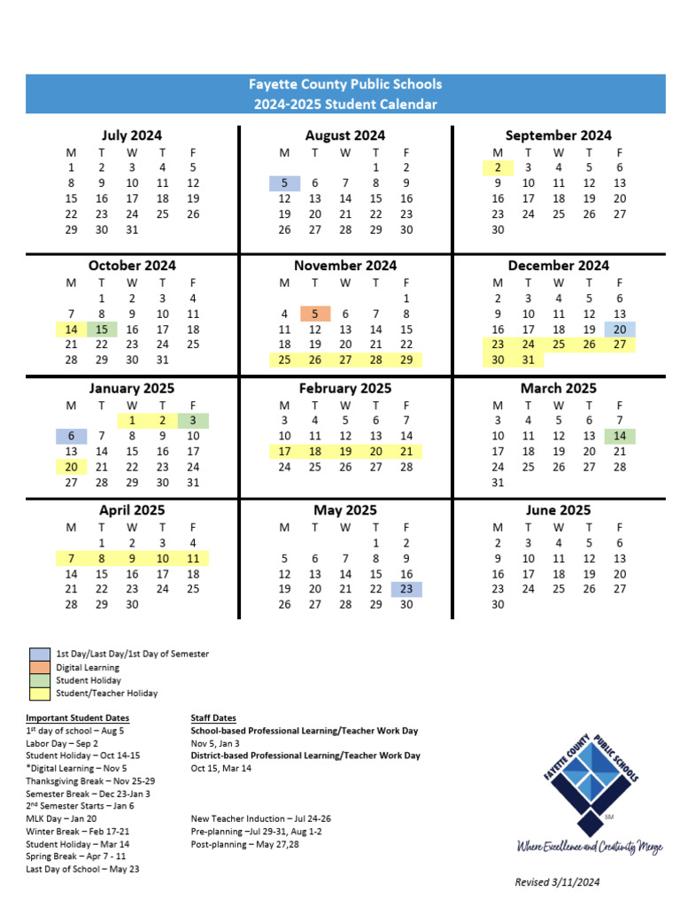 2024-2025 Student Calendar Revised 3 | PDF
