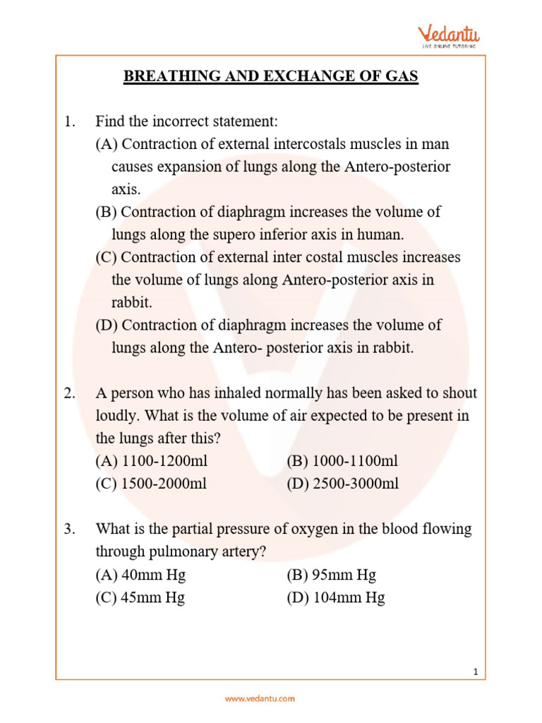 Breathing and Exchange of Gases NEET Questions - Free PDF Download ...