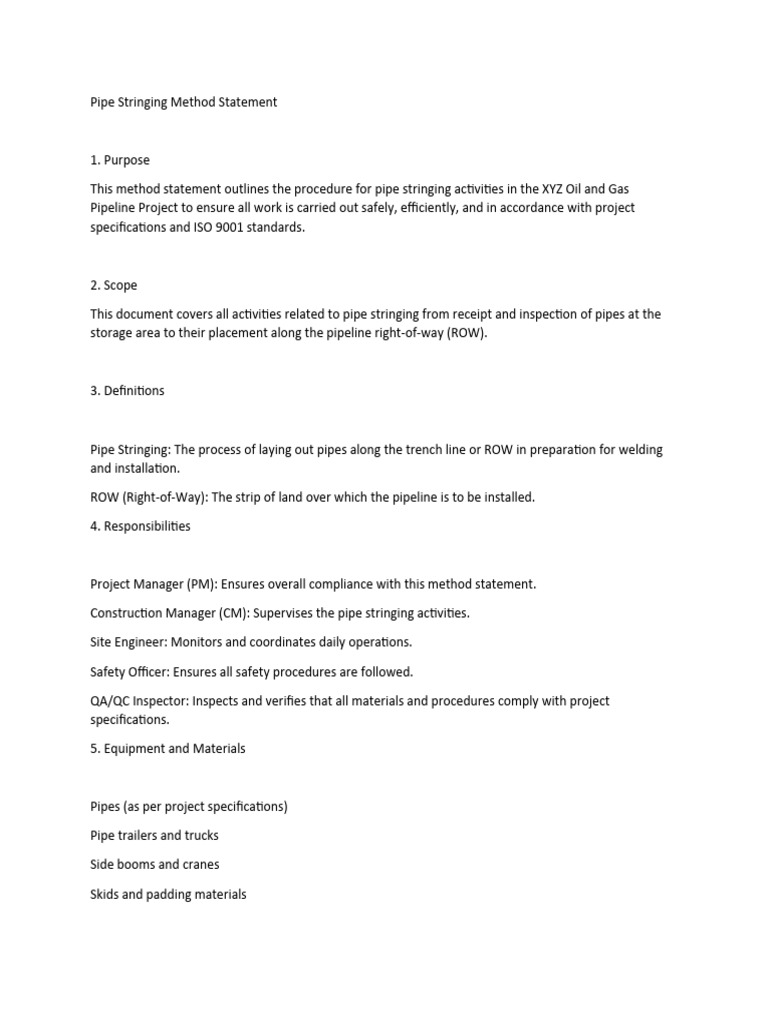 Method Statement for Pipeline Stringing | Download Free PDF | Pipe (Fluid Conveyance) | Quality ...