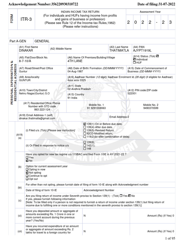 Dinakar Sir - ITR Form For The AY 2022-23 | PDF | Taxes | Payments