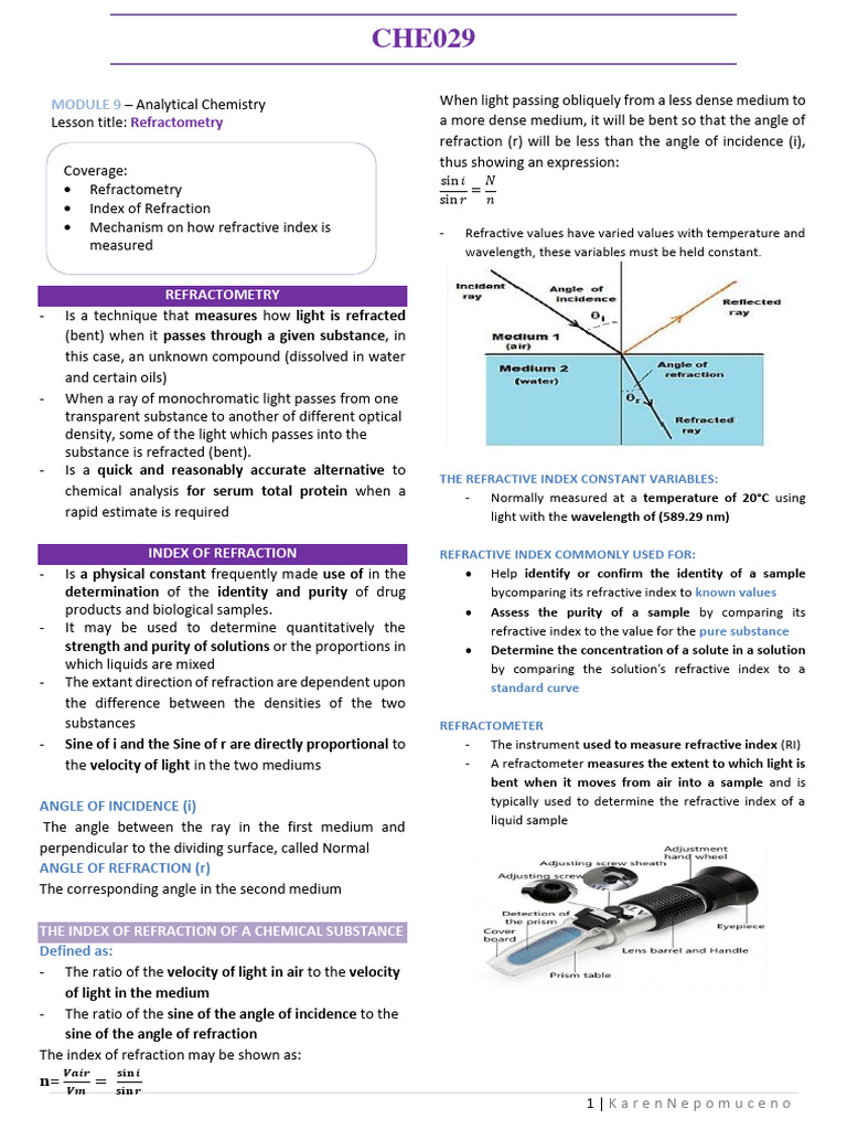 Refractometry in Analytical Chemistry | PDF | Refractive Index | Refraction