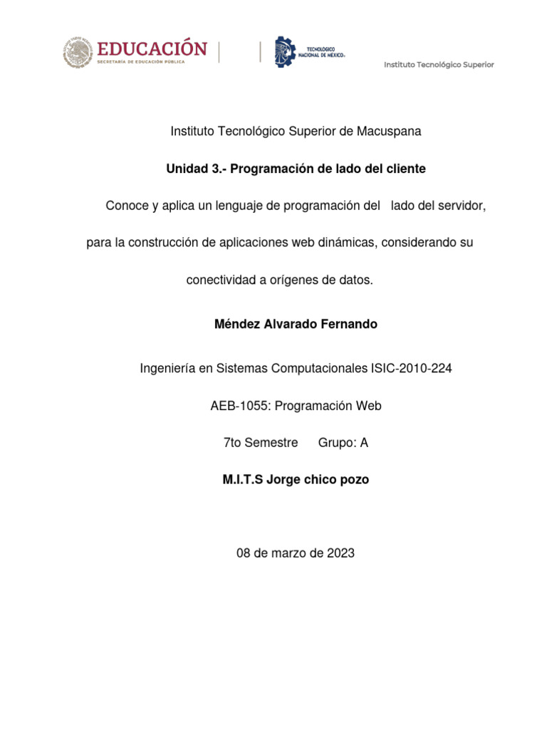Unidad 3.-Programación de Lado Del Cliente: Instituto Tecnológico Superior | PDF | Script Java ...