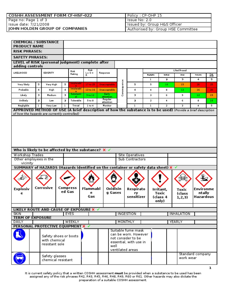Cf-hsf-022 Coshh Assessment Form (CLP) | PDF | Toxicity | Personal ... Cf-hsf-022 Coshh Assessment Form (CLP) | PDF | Toxicity | Personal ...