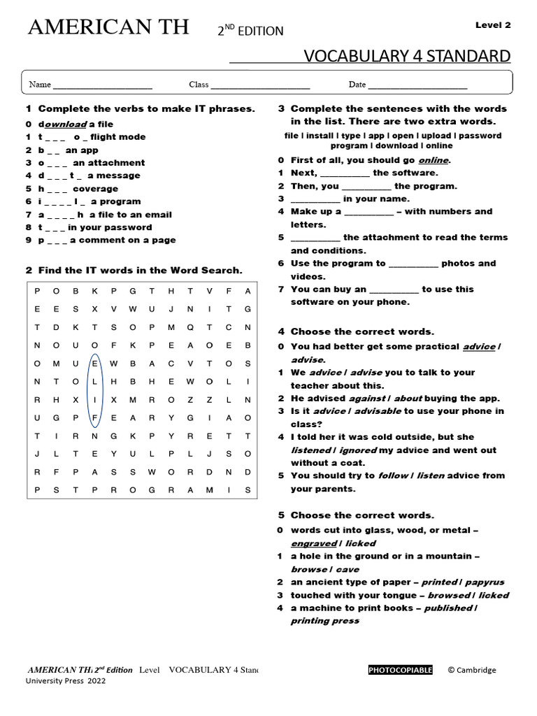 Thk2e AmE L2 Vocabulary Standard Unit 4 | PDF | Computing | Software