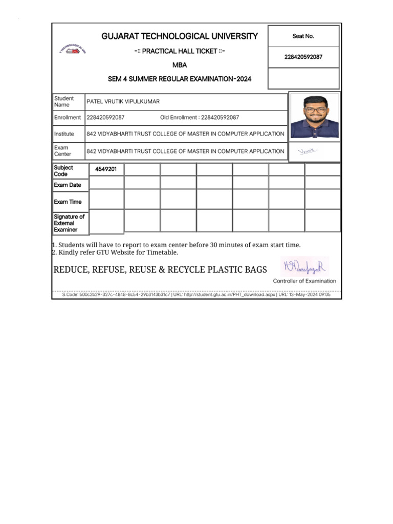 GTU MBA Sem 4 Practical Hall Ticket | PDF | Technology & Engineering