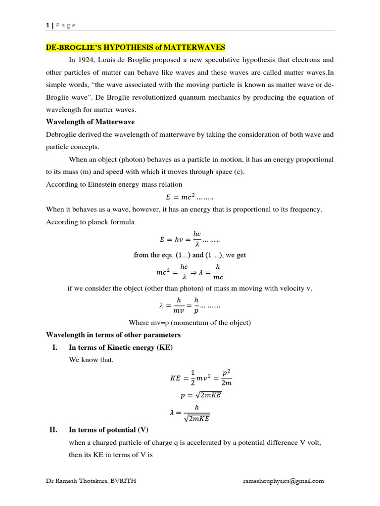 De Broglie's Matter Waves Explained | PDF | Waves | Wavelength