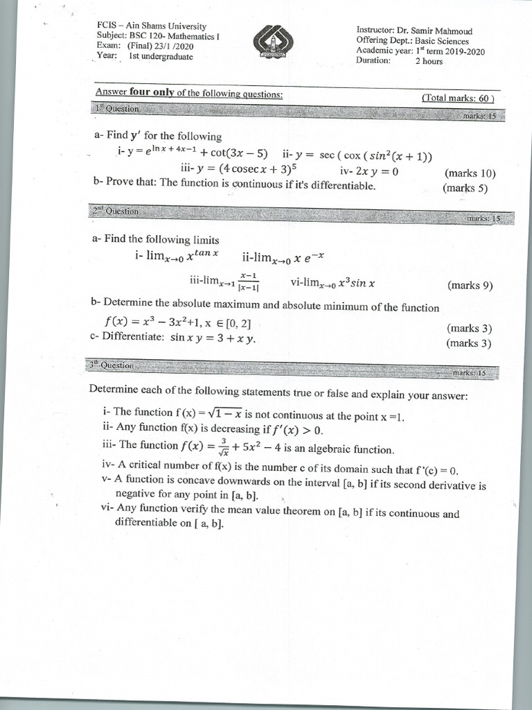Calculus 1 Final 2020 | PDF