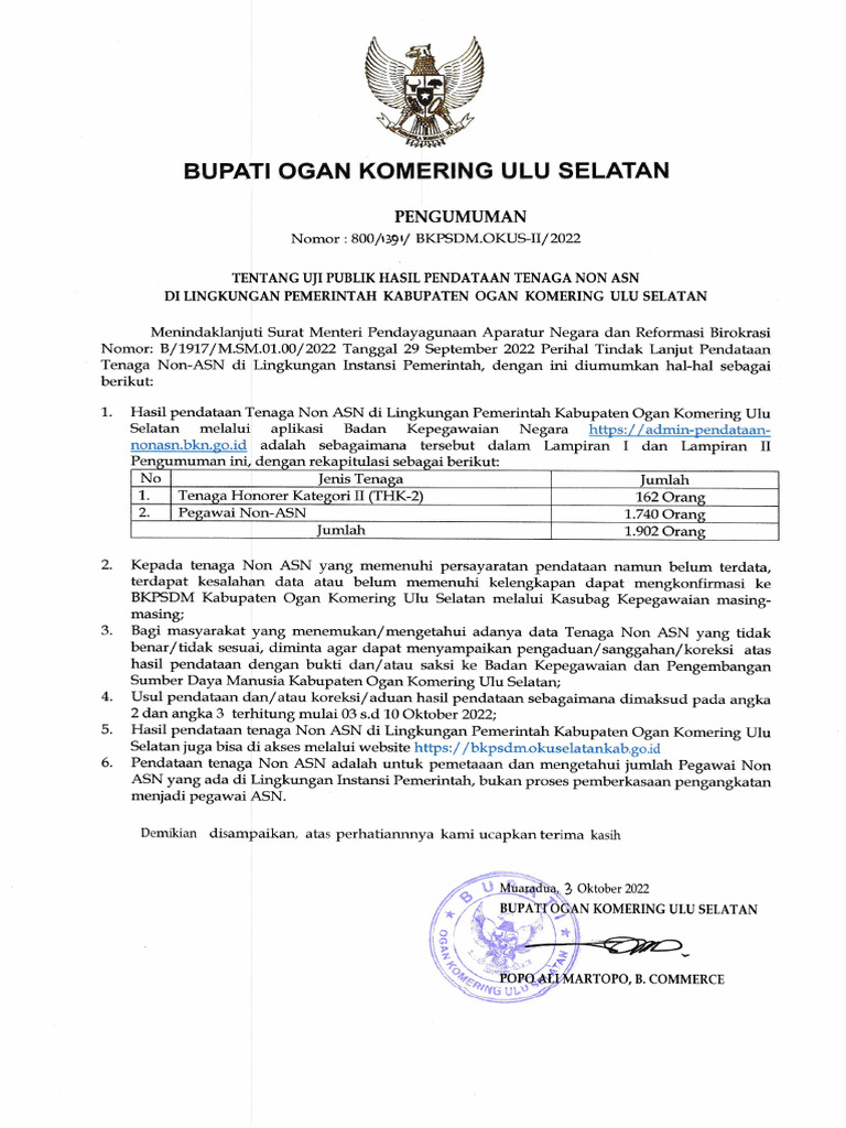 Hasil Pendataan Tenaga Non ASN 2022 | PDF