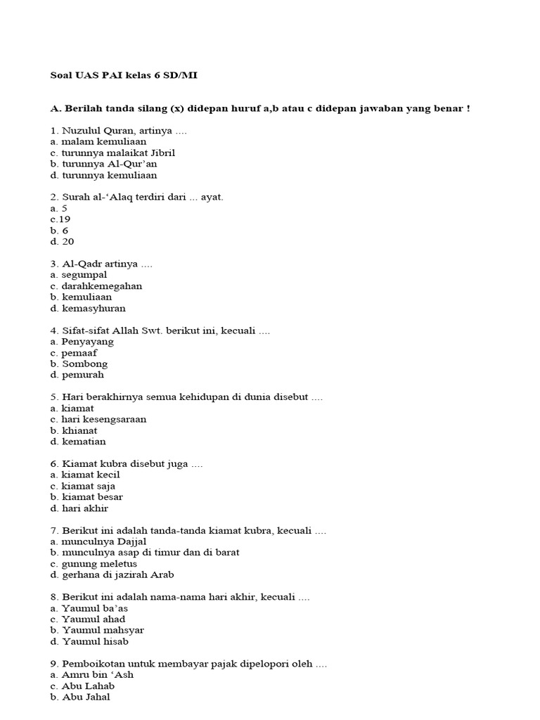35+ Contoh Soal UAS PAI Kelas 6 SD MI Dan Kunci Jawaban | PDF
