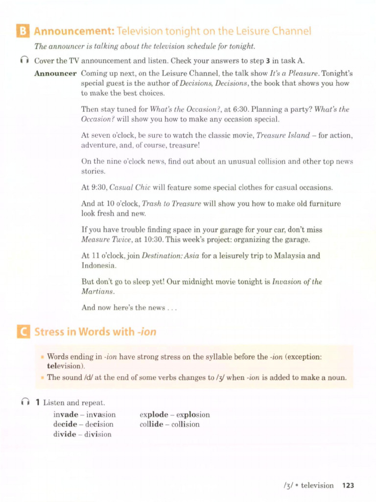 TV Schedule and Pronunciation Practice | PDF | Question | Linguistics