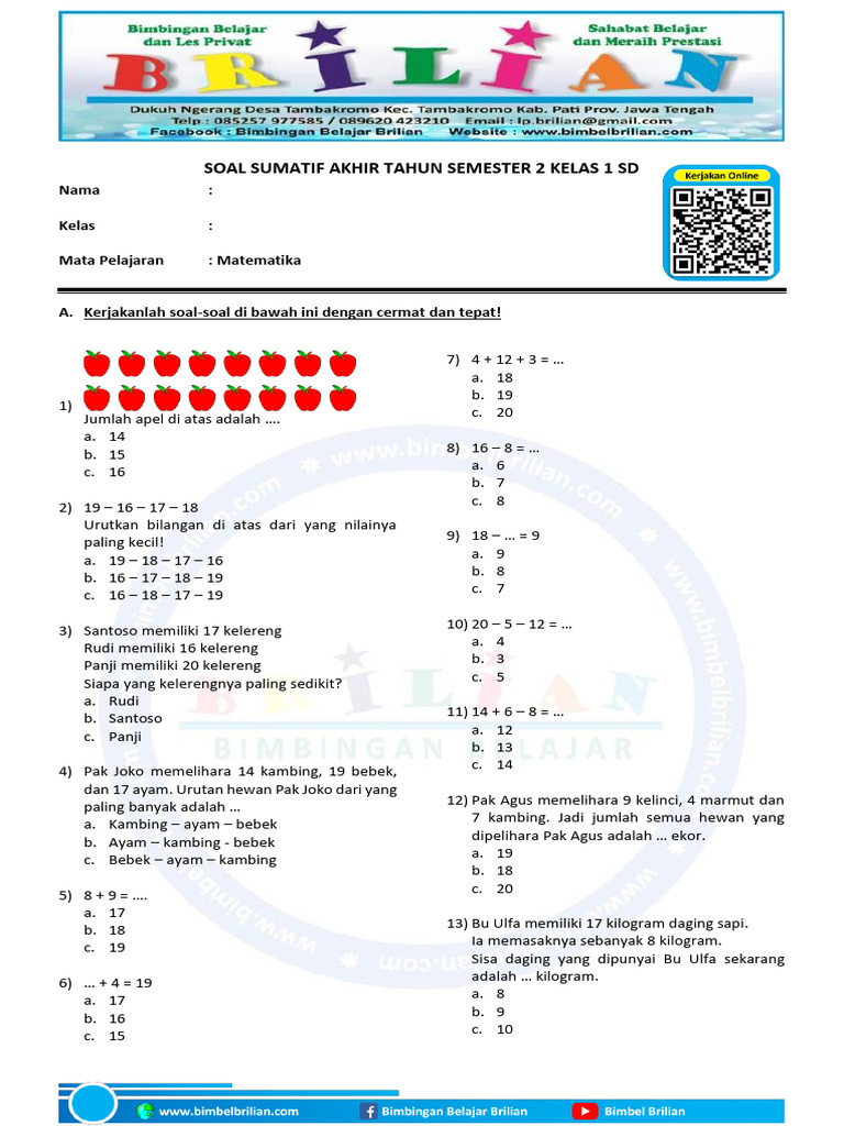 Soal SAT Matematika Kelas 1 SD Semester 2 | PDF