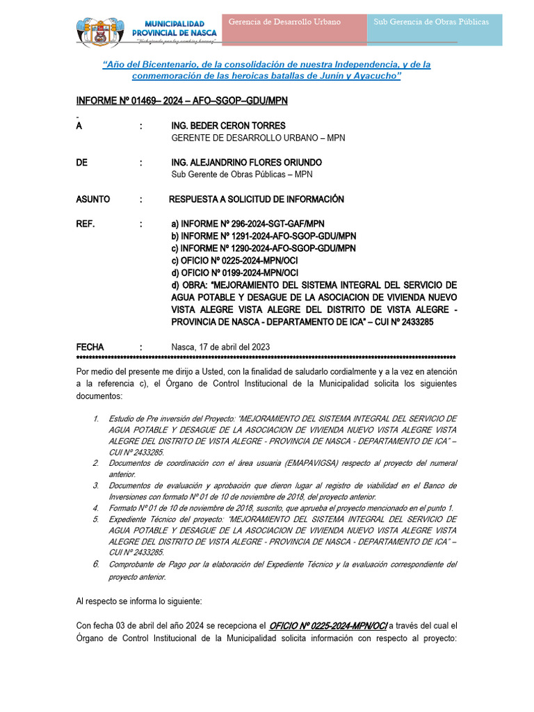 Informe N 1469 - 2024 - Afo-Sgop-Gdu-Mpn - Respuesta A Oci | PDF | Agua y política