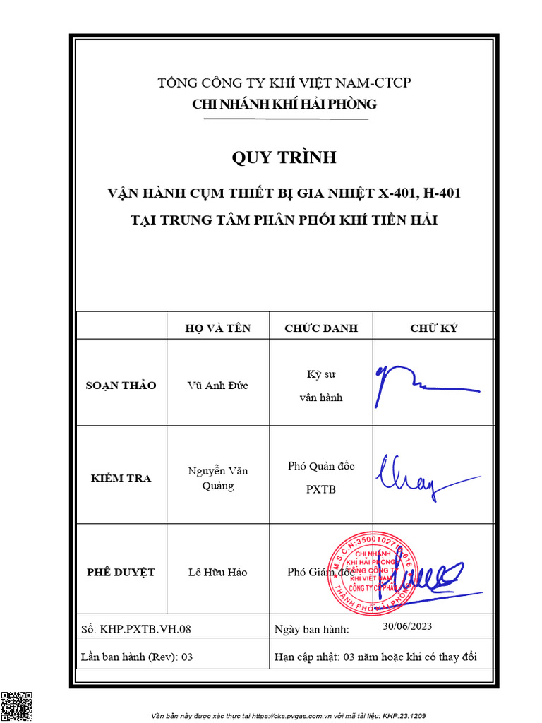 (signed) KHP.PXTB.VH.08 QT VH hệ thống gia nhiệt X-401, H-401 (Rev.03) PDF | PDF