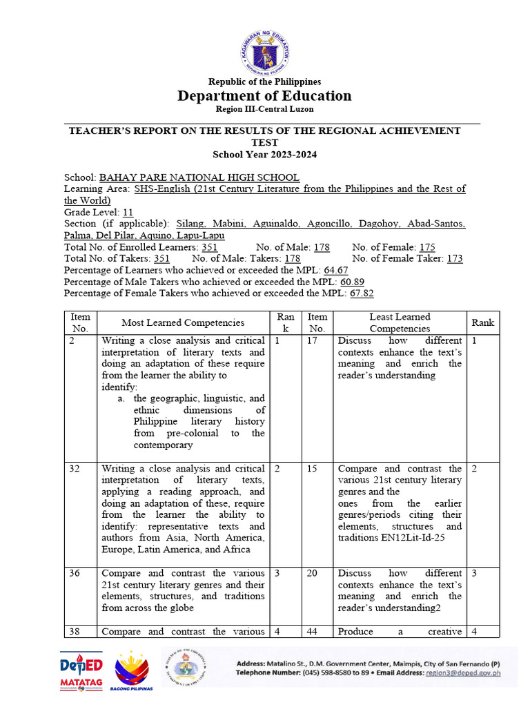 Regional Achievement Test Results 2023 | PDF | Linguistics ...
