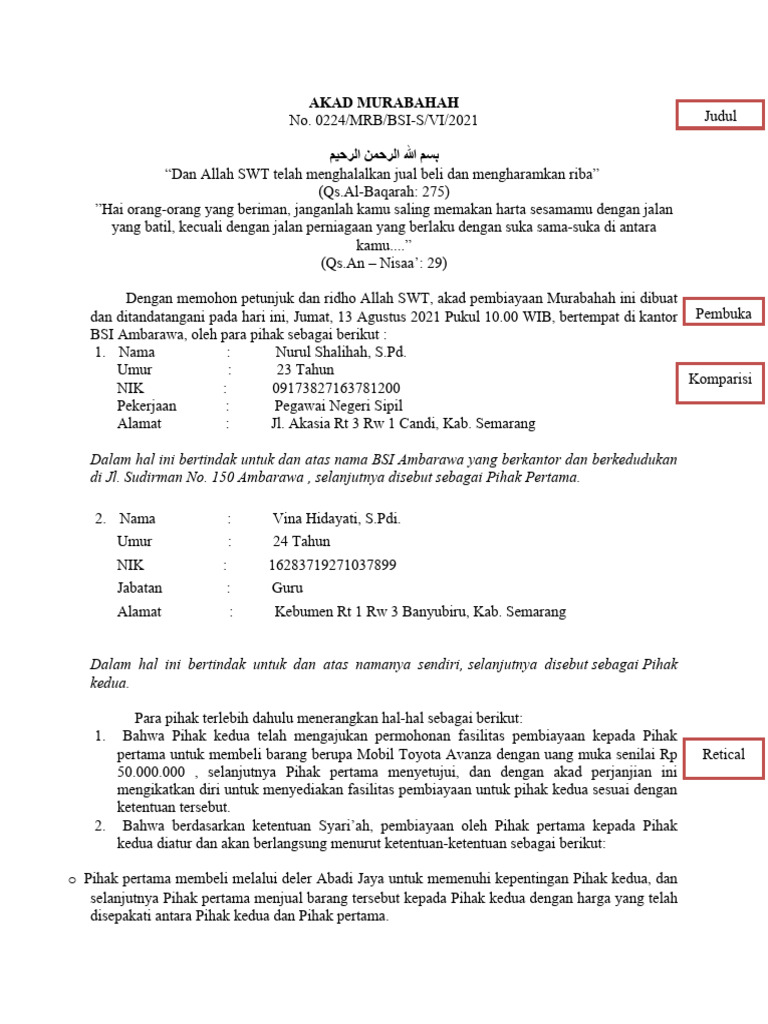 Contoh Perjanjian Akad Murabahah | PDF