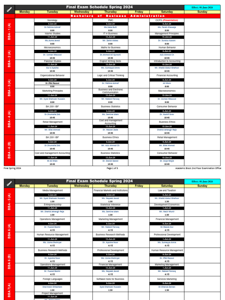 BBA Final Date Sheet Spring 2024 | Download Free PDF | Business | Economies
