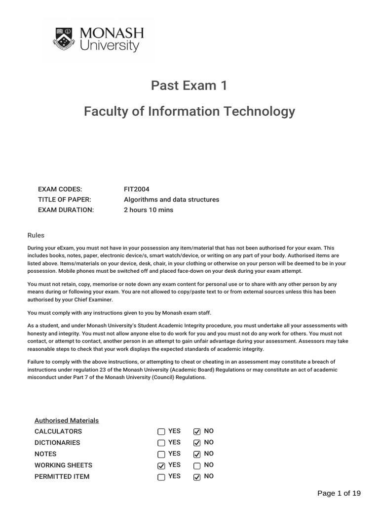 FIT2004 Past Year Paper | PDF | Algorithms | Applied Mathematics
