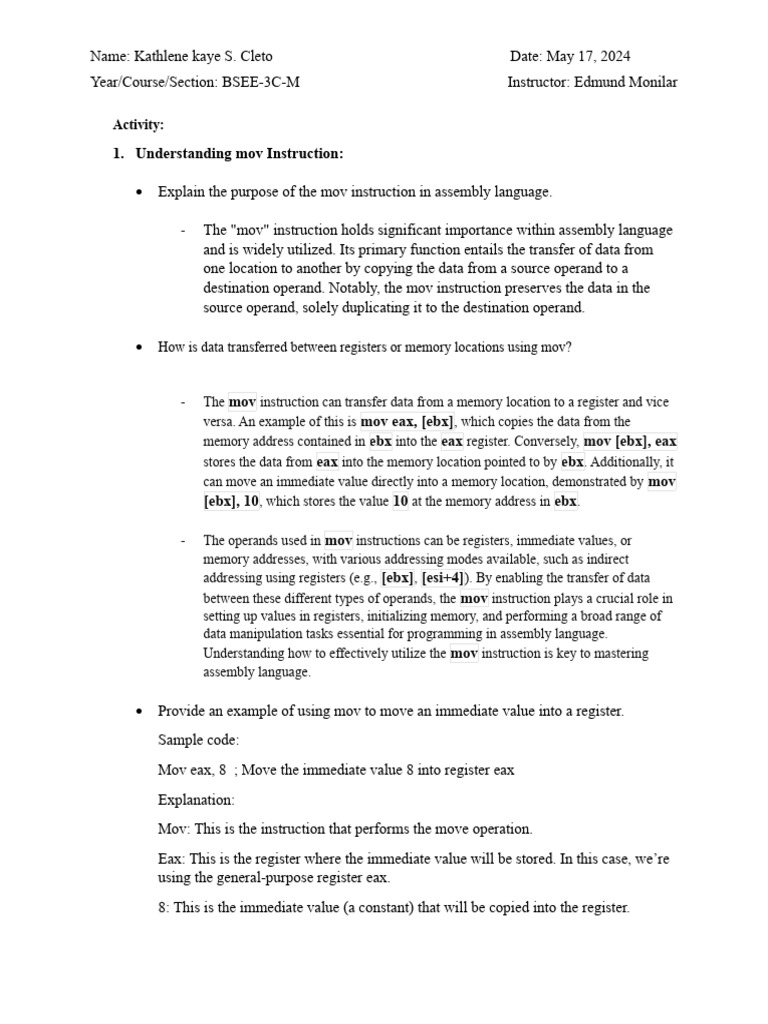 TASK PERFORMANCE Using EMU 8086 (1) 1 | PDF | Assembly Language | Binary Coded Decimal