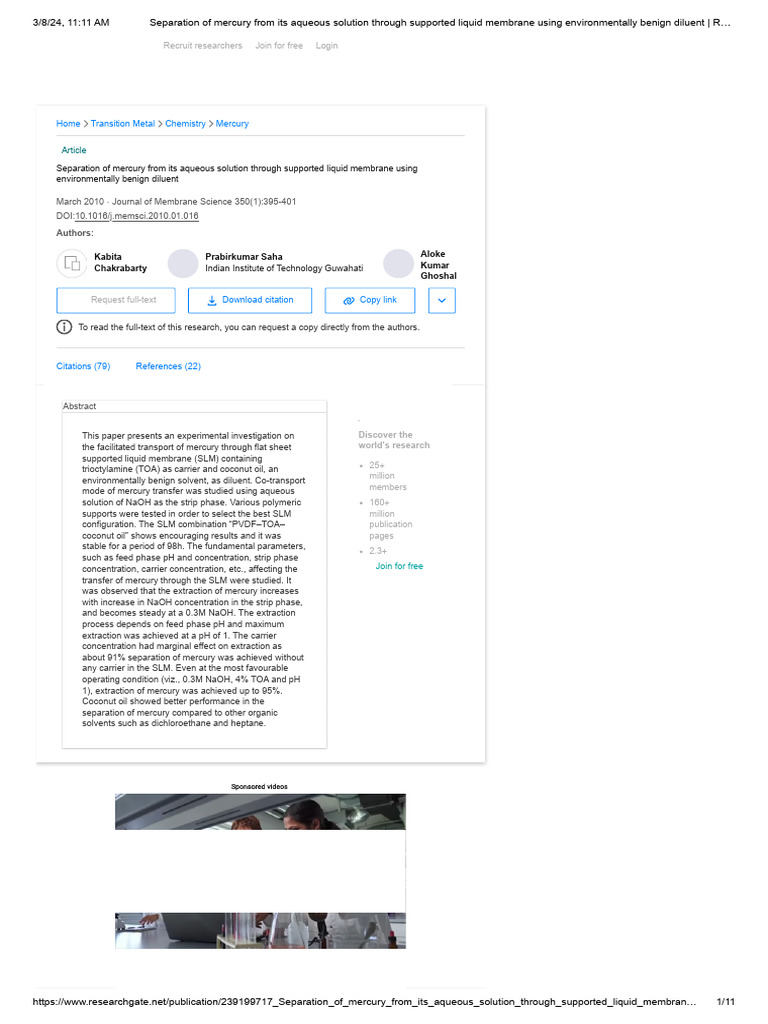 Separation of Mercury From Its Aqueous Solution Through Supported Liquid Membrane Using ...