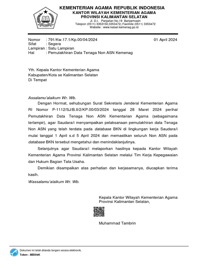 Surat Pemutakhiran Data Non Asn Kemenag | PDF