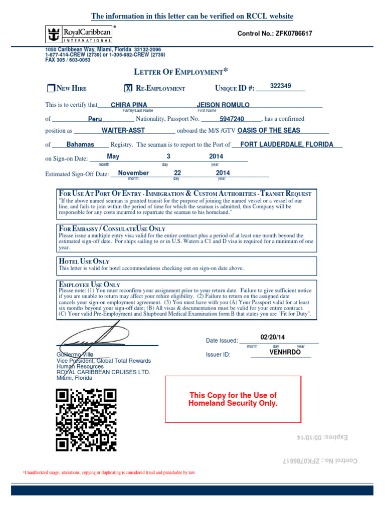 The Information in This Letter Can Be Verified On RCCL Website ...