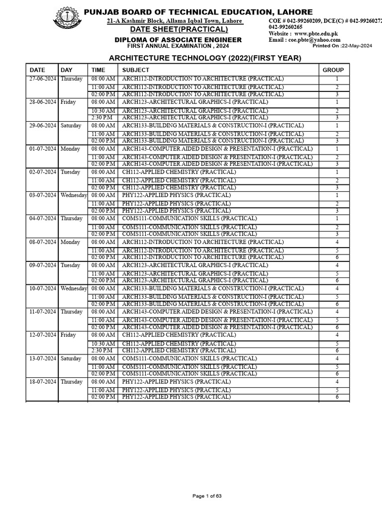 Practical Date Sheet First Year First Annual 2024 Dae | PDF ...