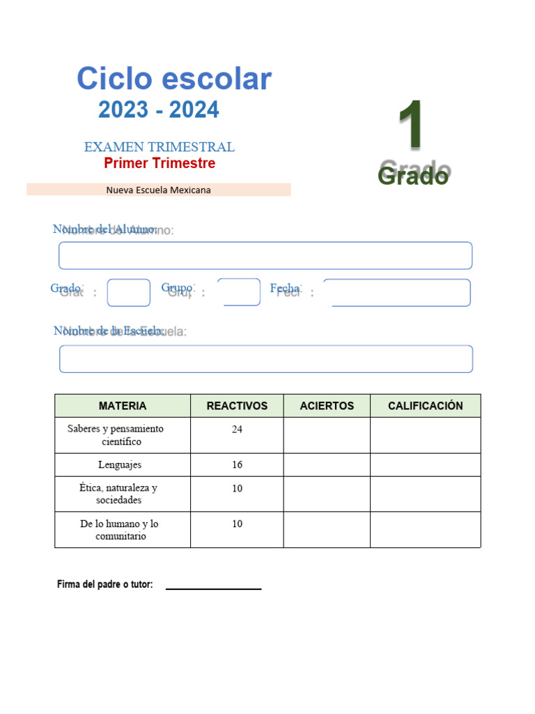 PRIMER GRADO EVALUACION TRIMESTRAL I | PDF