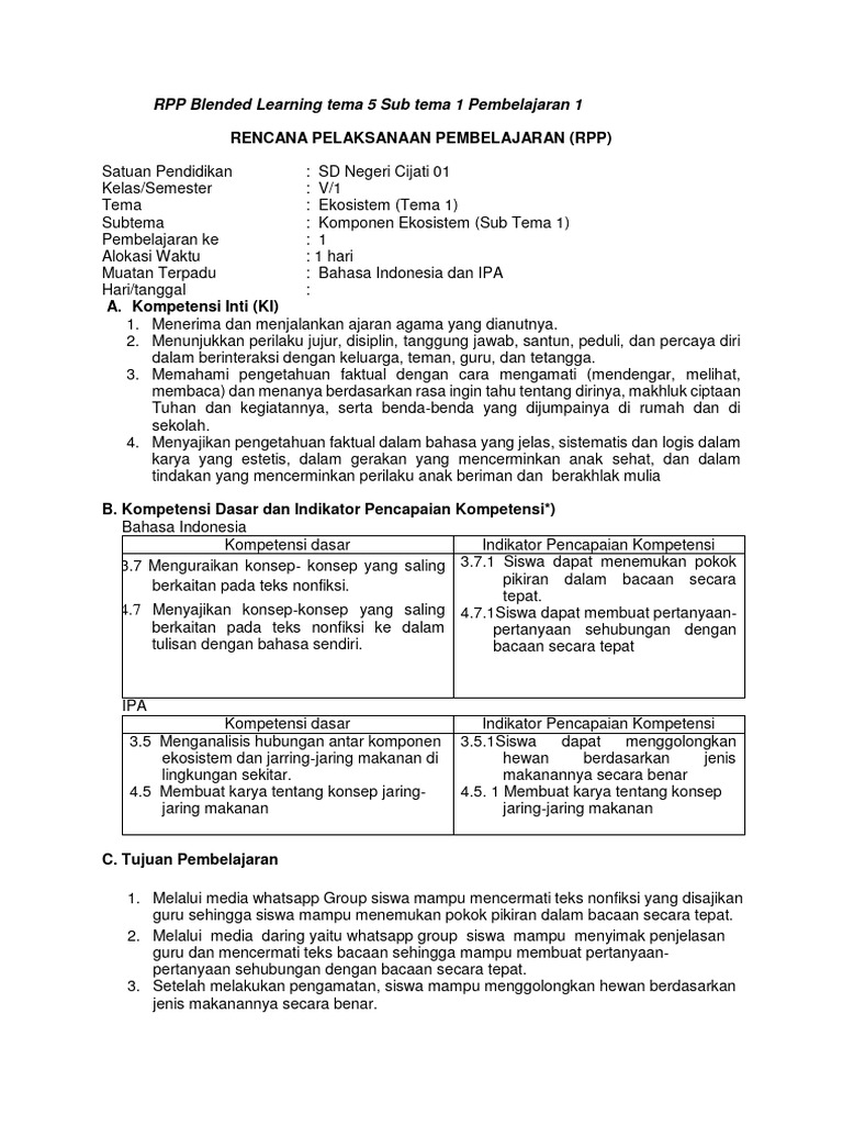 RPP Blended Learning Tema 5 Sub Tema 1 Pembelajaran 1 Rencana Pelaksanaan Pembelajaran (RPP) | PDF