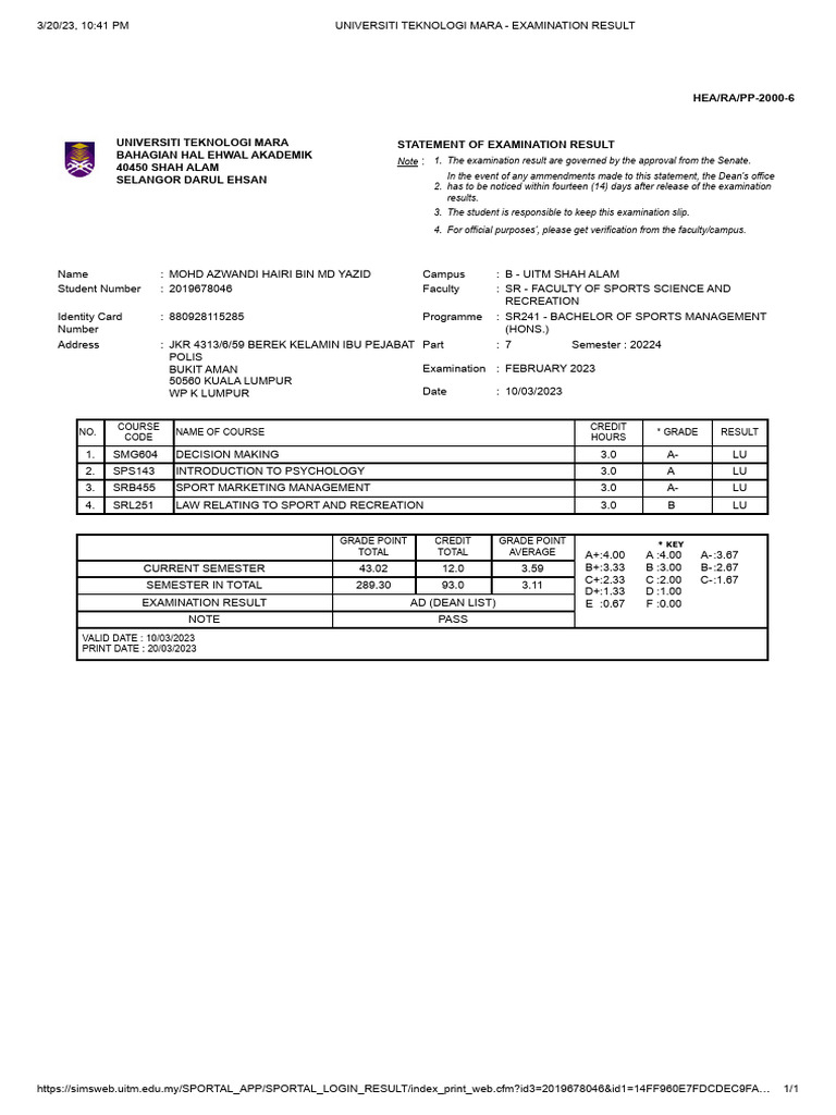 Universiti Teknologi Mara - Examination Result | PDF