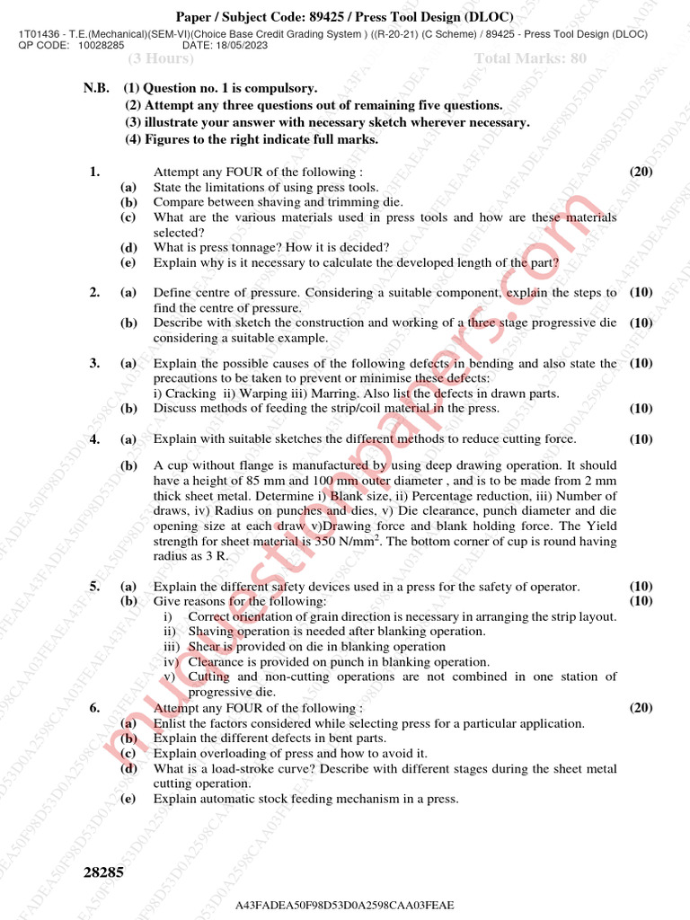 Be - Mechanical Engineering - Semester 6 - 2023 - May - Press Tool Designrev 2019 C Scheme | PDF ...