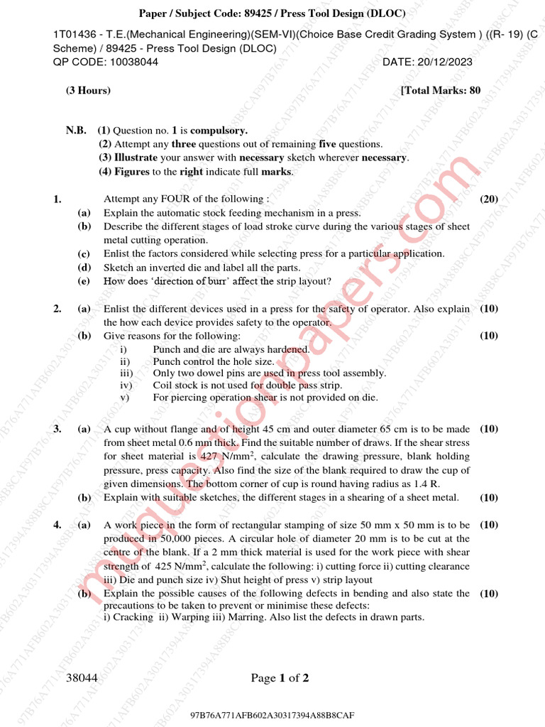 Be Mechanical Engineering Semester 6 2023 December Press Tool Designrev ...