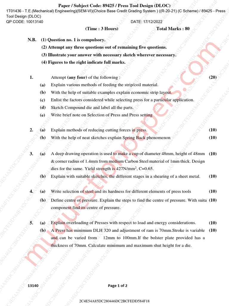 Be - Mechanical Engineering - Semester 6 - 2022 - December - Press Tool ...