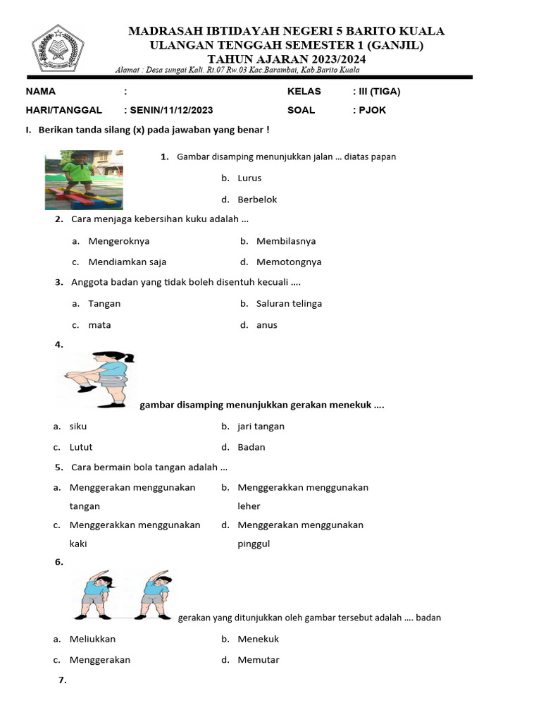 Soal Pas Pjok Kelas 1 Semester 1 2023 | PDF
