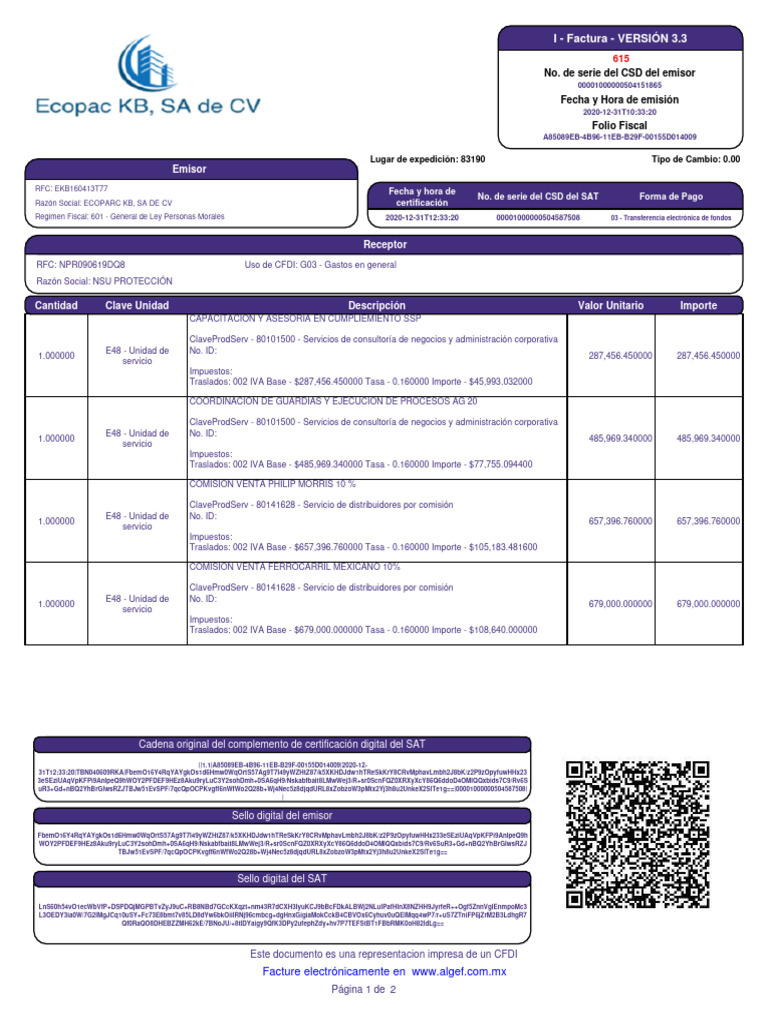 Emisor: RFC: EKB160413T77 Razón Social: Ecoparc KB, Sa de CV Regimen ...