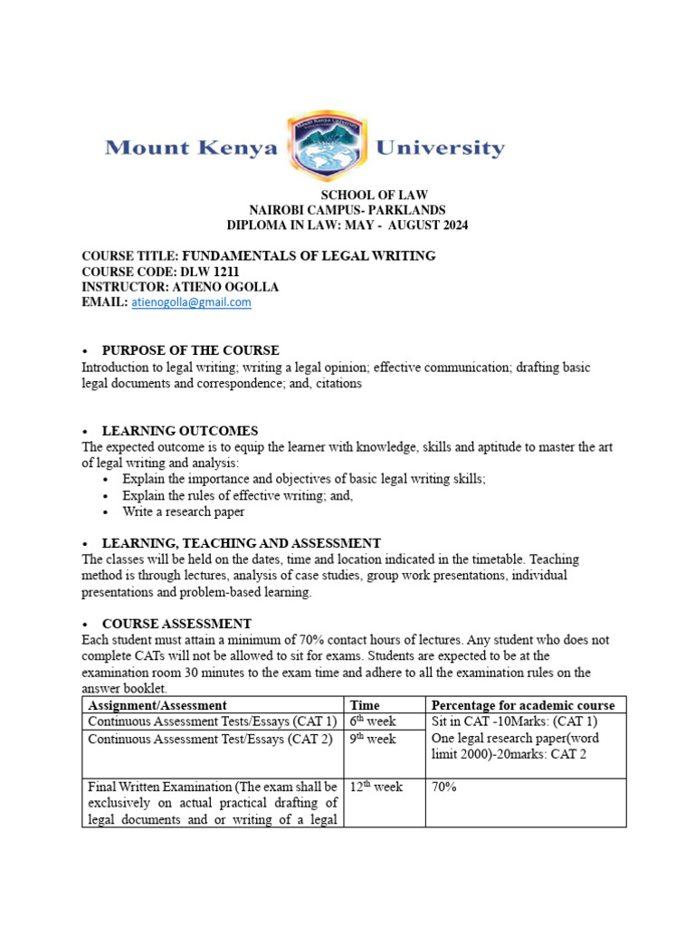 FUNDAMENTALS OF LEGAL WRITING COURSE OUTLINE | PDF | Writing | Methodology
