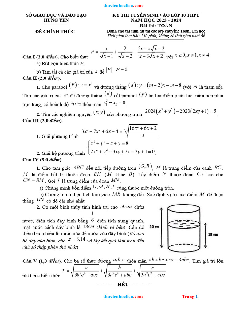 De TS 10 Toan Chuyen Hung Yen 23 24 | PDF