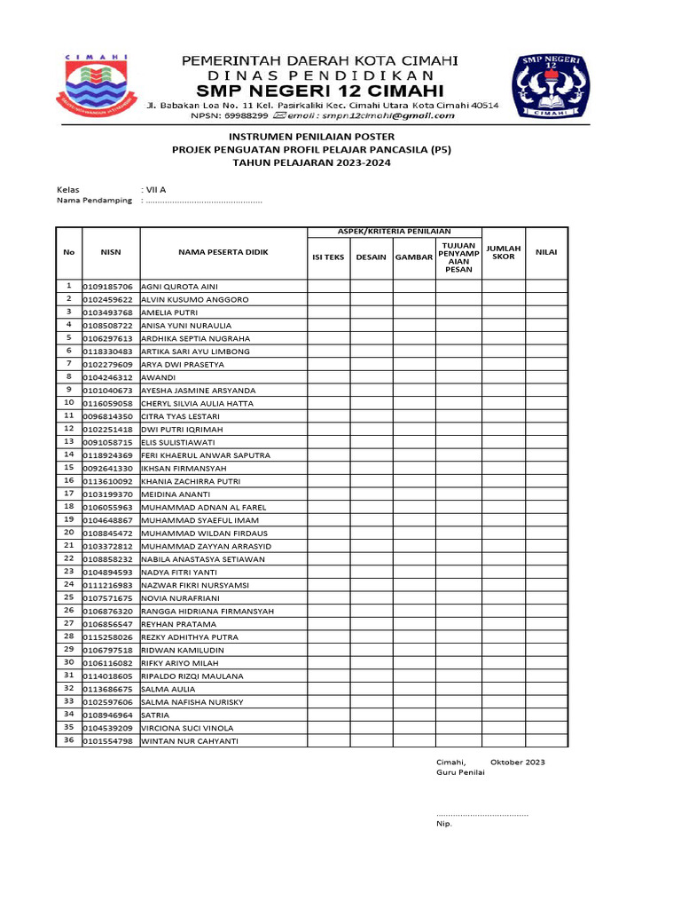 Penilaian Poster P5 Kelas VII 2023-2024 | PDF