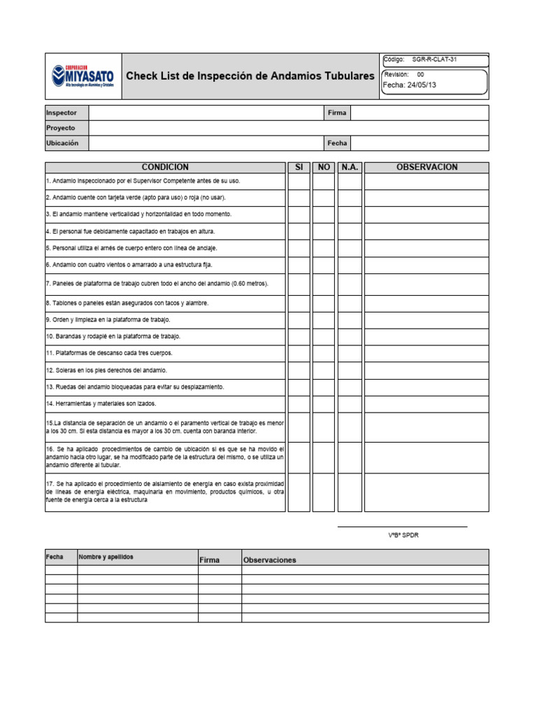 SGR-R-CLAT Check List Andamios Tubulares-31-Miyasato | PDF