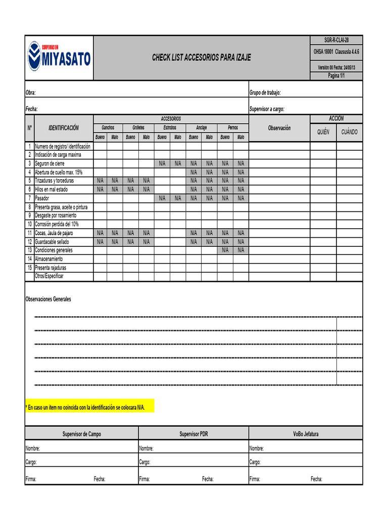 SGR-R-CLAI-Check List Accesorios Izaje -28-Miyasato.xls | PDF