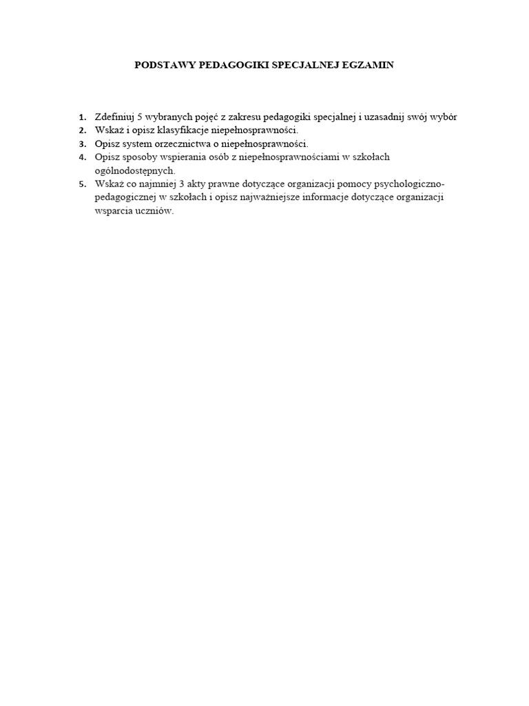 Podstawy Pedagogiki Specjalnej Egzamin | PDF
