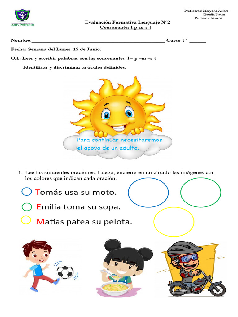 Evaluación Formativa Lenguaje #2 L-M-P-S-T - Artículos Definidos Ordenar Palabras Lunes 15 Junio ...