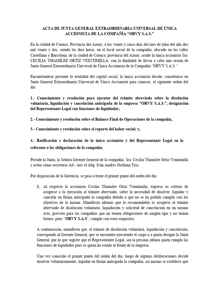 Acta de Disolución de ORVY S.A.S. | PDF | Liquidación