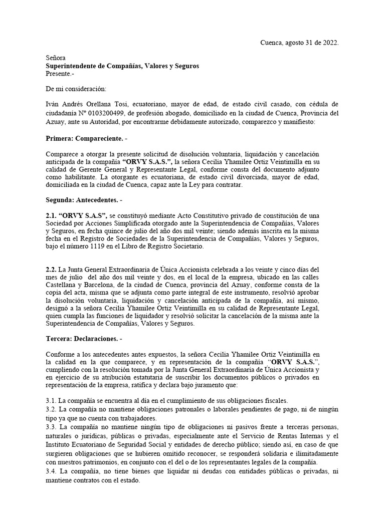 Disolución Voluntaria ORVY S.A.S. | PDF | Gobierno