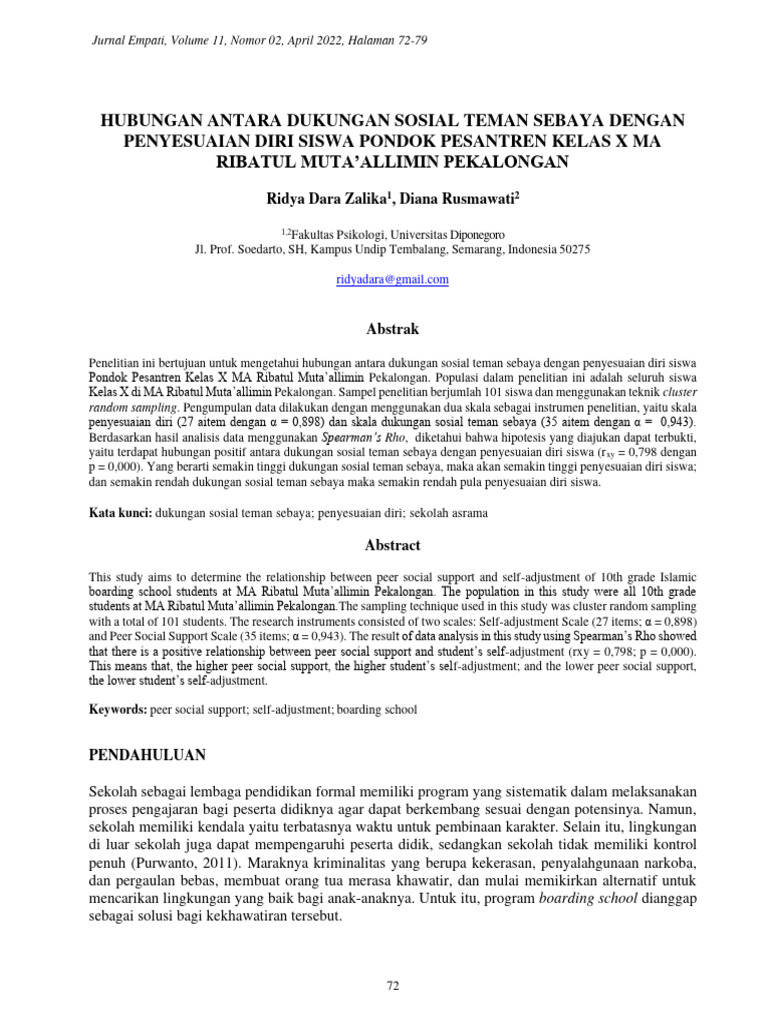Hubungan Antara Dukungan Sosial Teman Sebaya Dengan Penyelesaian Diri Siswa Pondok Pesantren ...