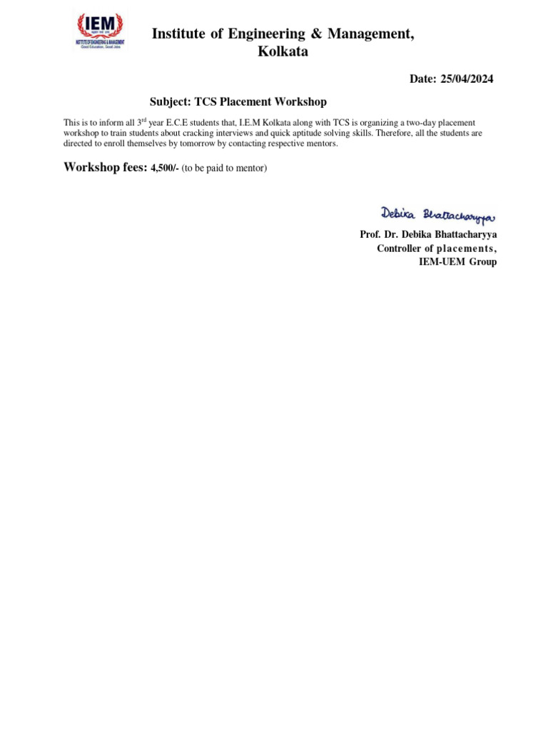 Notice - Placement Workshop | PDF