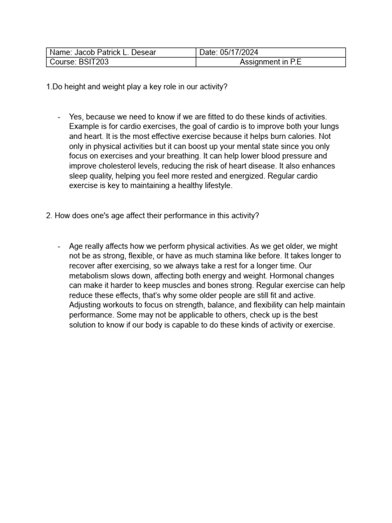 PE Assignment | PDF | Self-Improvement | Wellness